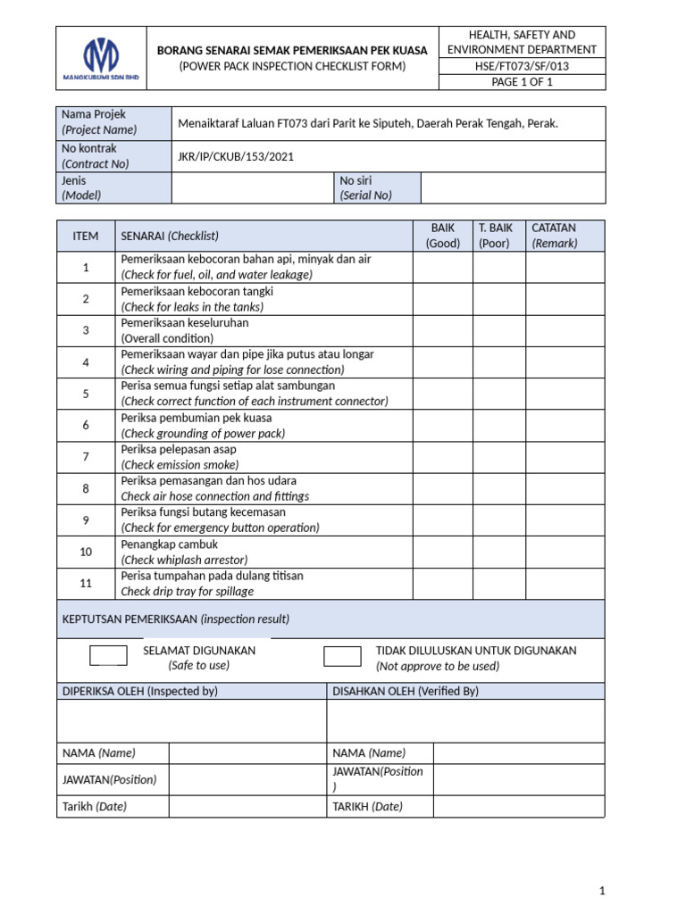 013 Power Pack Inspection Checklist | PDF