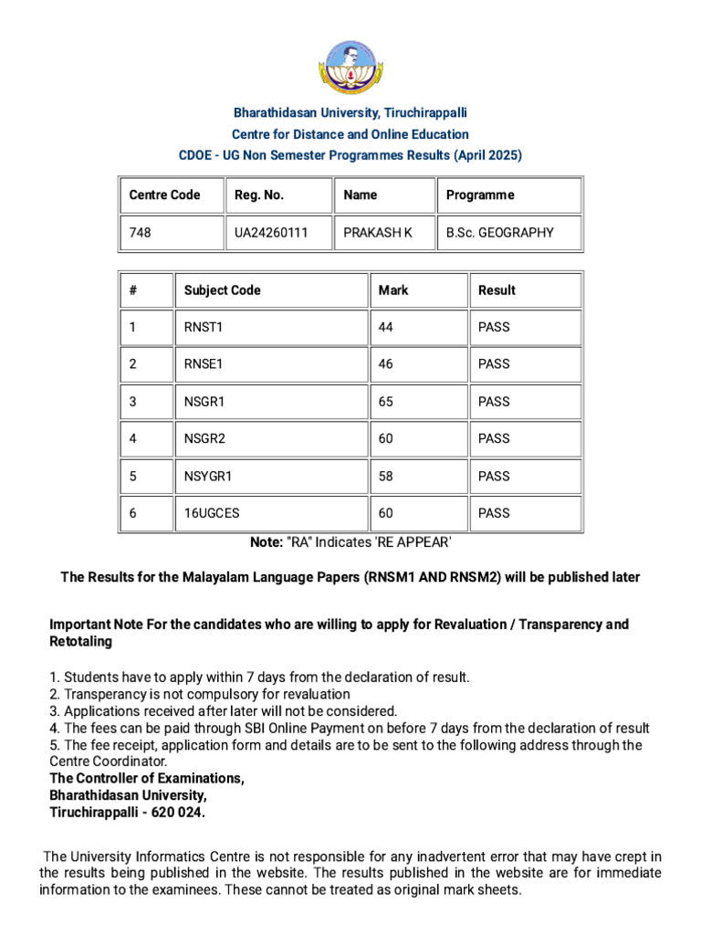 Bharathidasan University UG Results 2025 | PDF