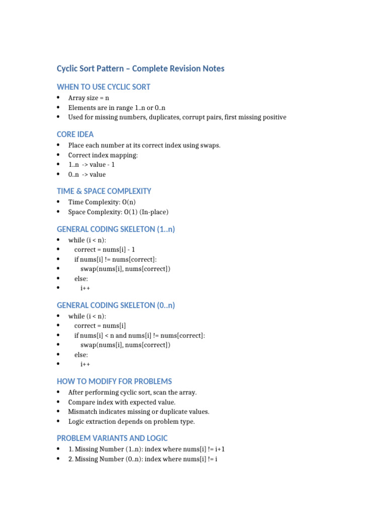 Cyclic Sort Pattern Revision Notes Full | PDF