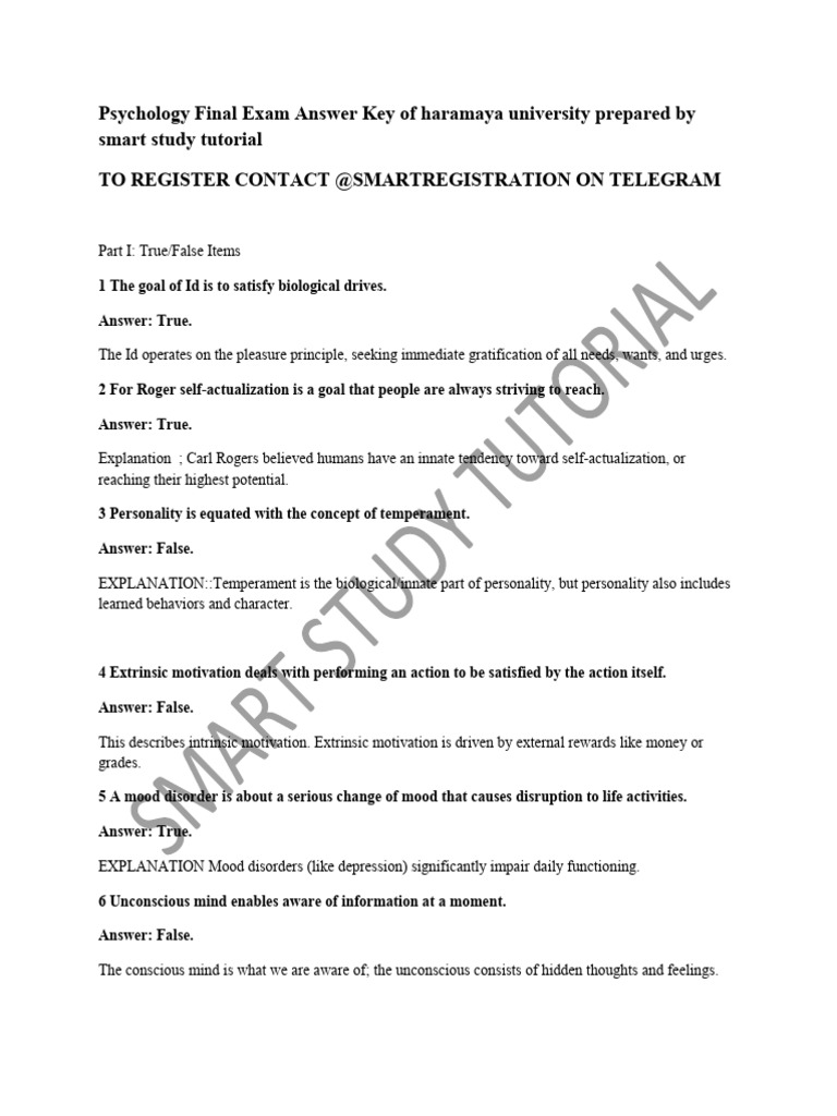 Psychology Exam Answer Key Guide | PDF | Motivational | Motivation