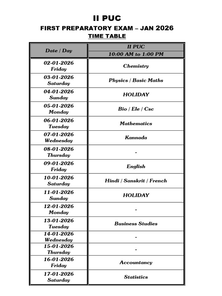 TIME TABLE FOR I & II PUC PREPARATORY EXAM- JAN 2026 split | PDF