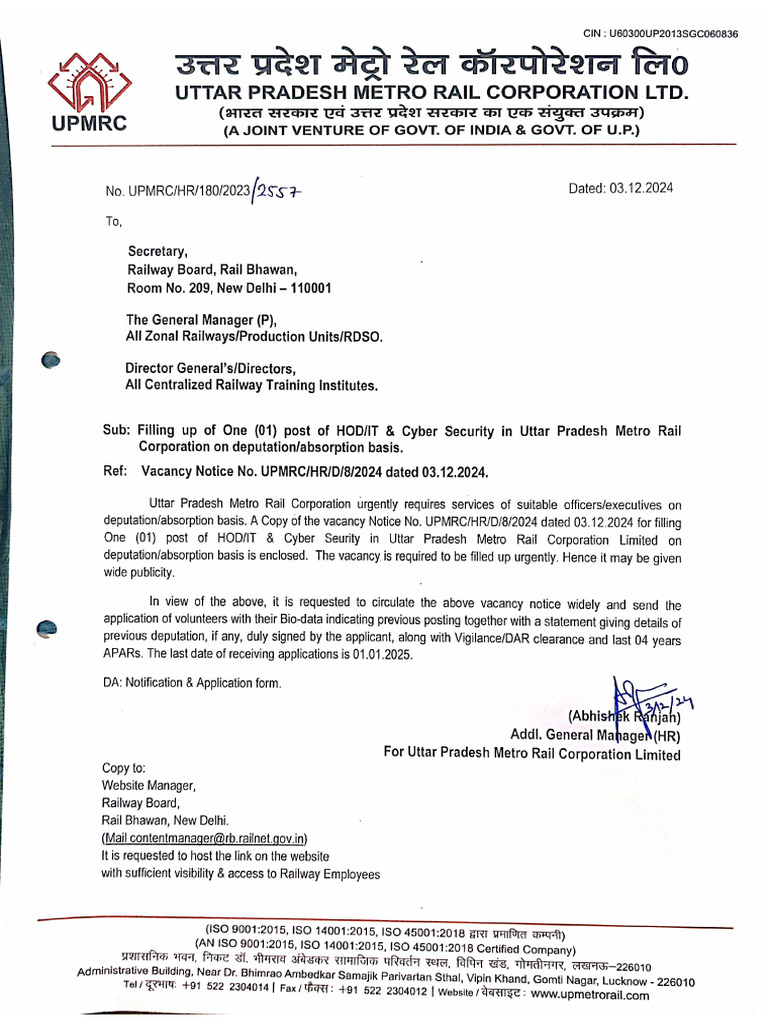 Vacancy Circular to Railway Board for the post of HOD(IT CYBER SECURITY ...