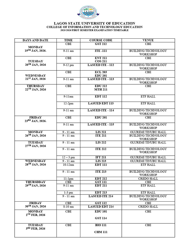 LASUED 2025/2026 Exam Timetable | PDF