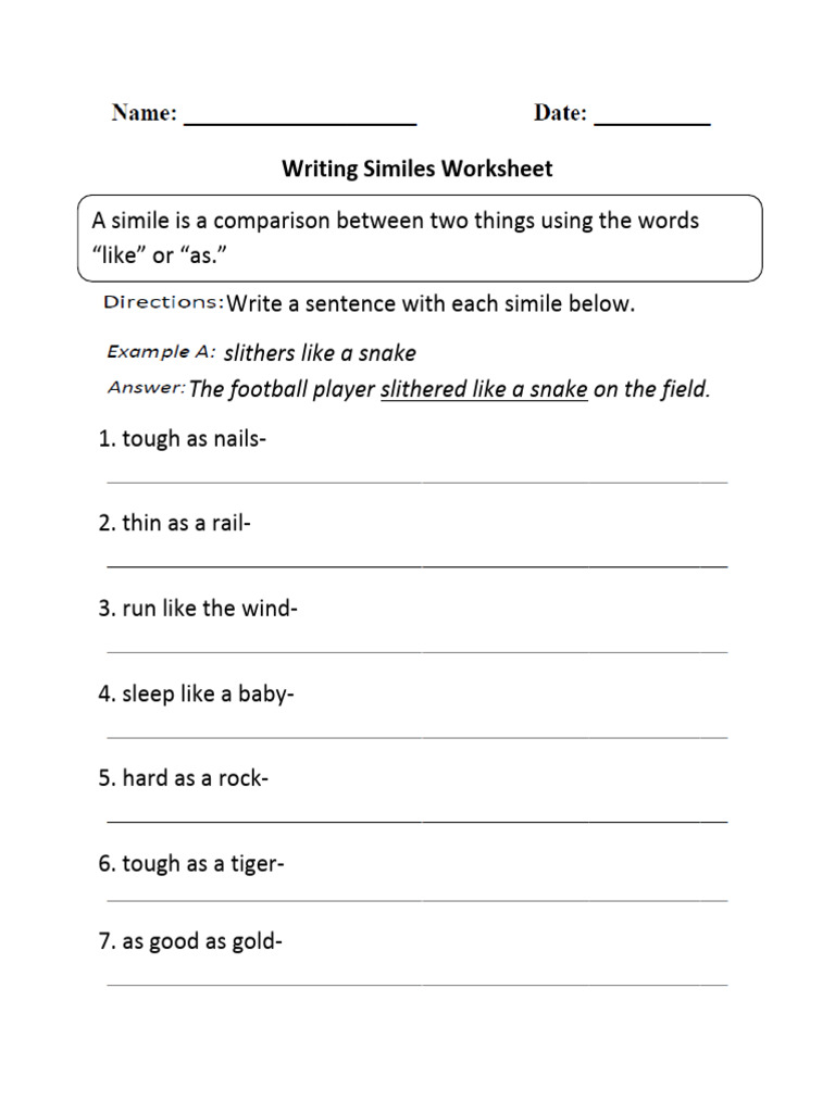 Similes Writing Practice Worksheet | PDF