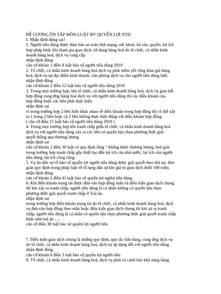 Đề Cương Ôn Tập Môn Luật Bv Quyền Lợi Ntd | PDF