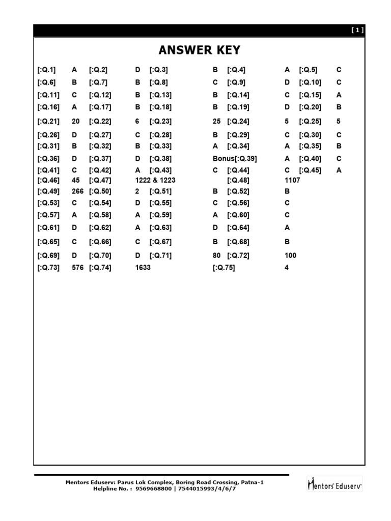 04 Full Test -4_JEE MAIN - PCM TEST PAPER -Only Ansewer Key | PDF