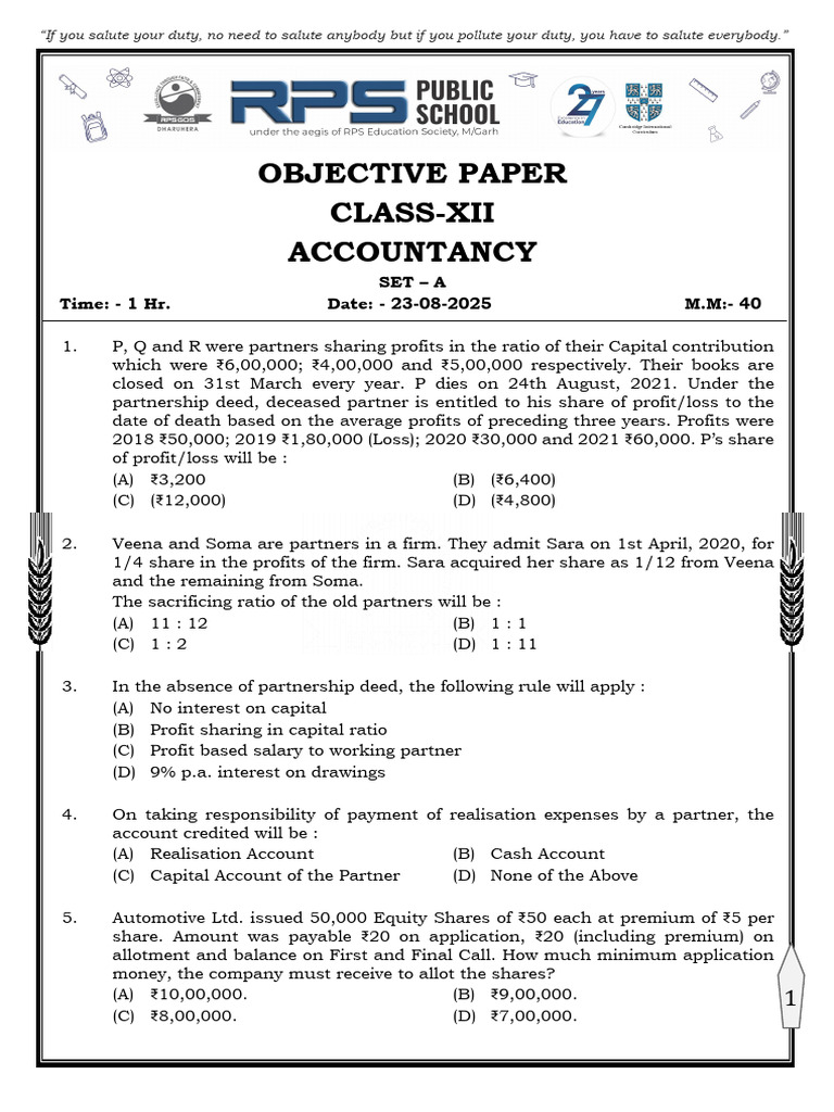 Class XII Accountancy Objective Paper | PDF | Debits And Credits ...