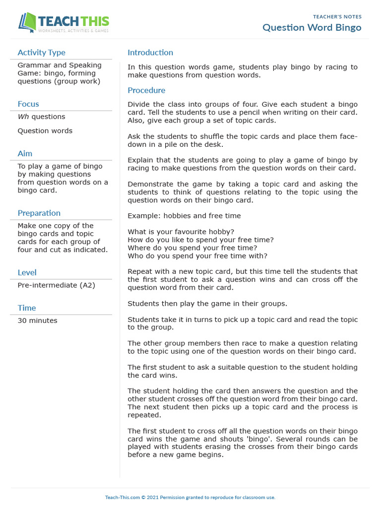 Question Word Bingo Game for ESL Students | PDF | Question | Human ...