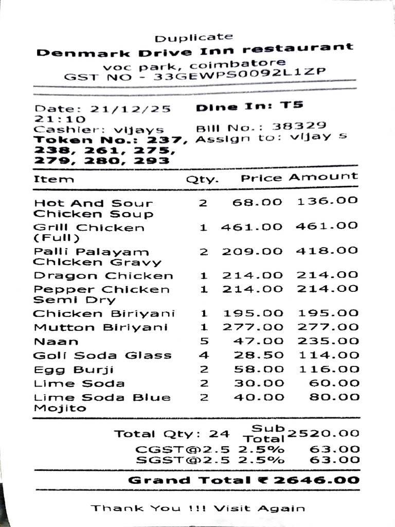 Denmark Drive Inn Restaurant Bill | PDF