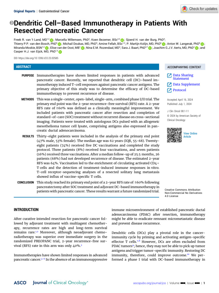 Van T Land Dendritic Cell Immunotherapy Resected PDAC JCO Open 2024 ...