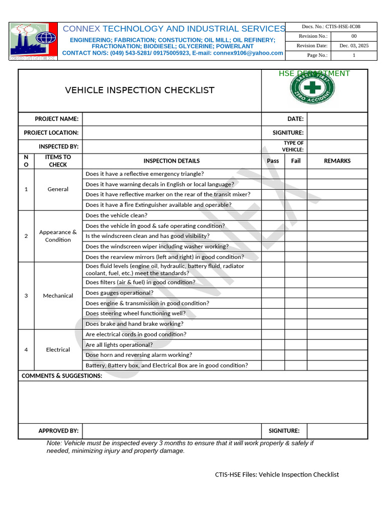 08-08. Inspection Checklist_Vehicle | PDF | Vehicles | Motor Vehicle