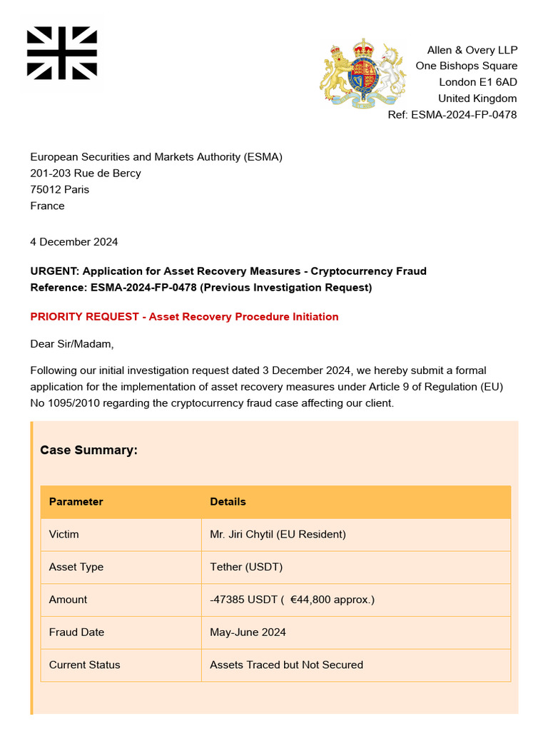 Recovery Request ESMA 2024 FP 0478 | PDF | Cryptocurrency