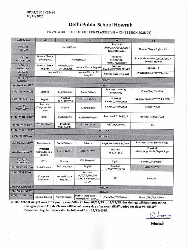 Pt3 Schedule for Class- Viii-xii (2025-26) | PDF