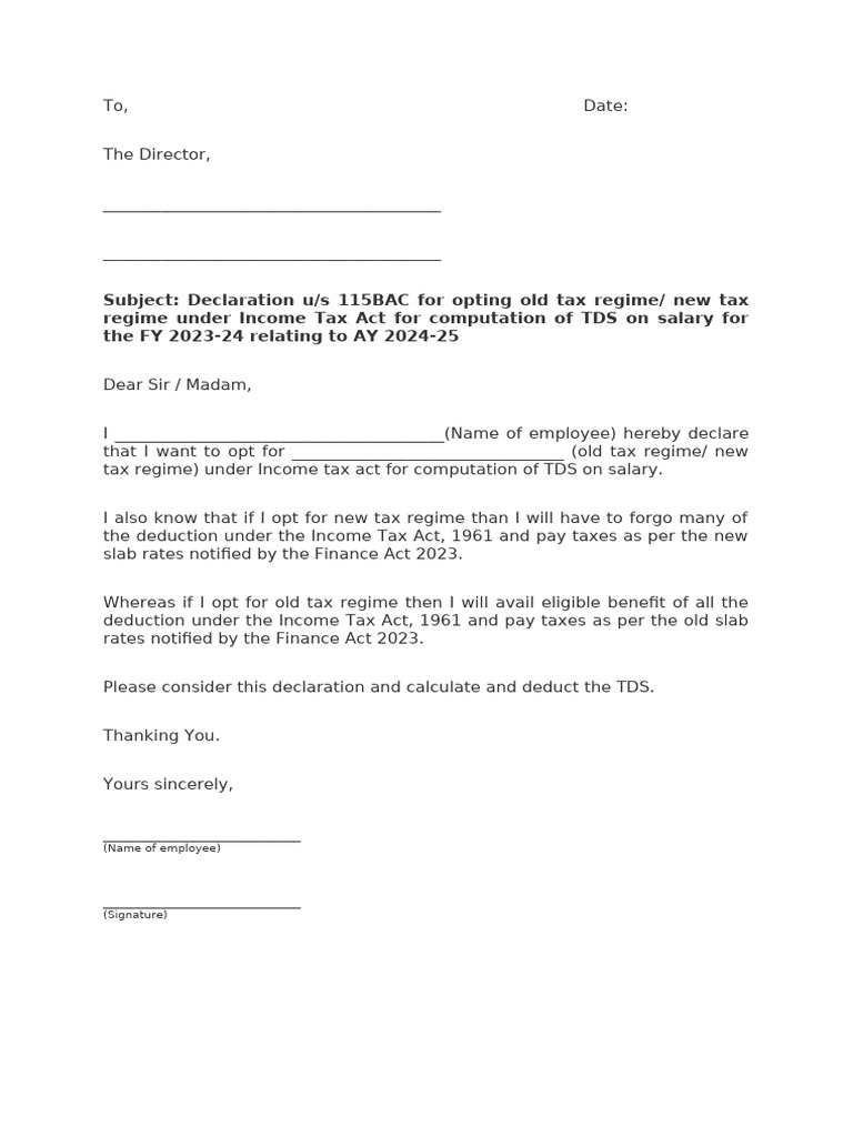 TDS Declaration for Tax Regime Choice 2023 | PDF | Taxes | Government ...