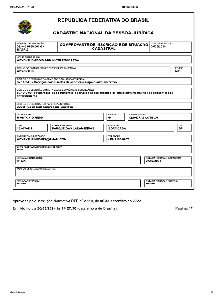 Cartão CNPJ Adventus Apoio | PDF