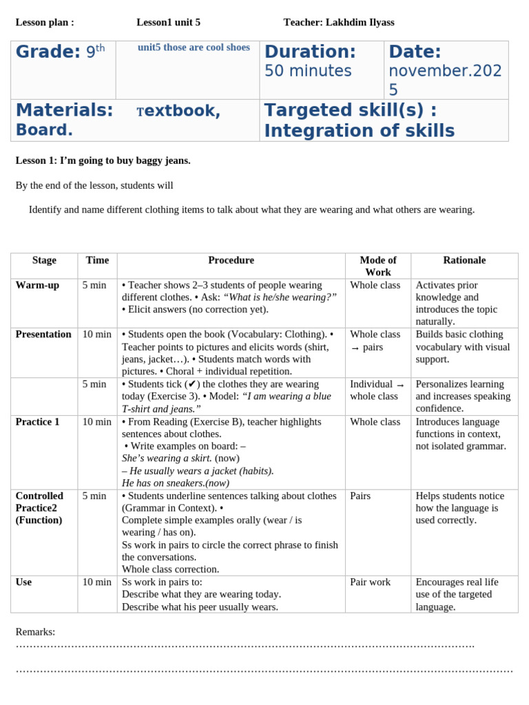 Lesson Plan u5 L1 jsldjsaldjsaldjsaljdlsalks | PDF | Clothing | Vocabulary