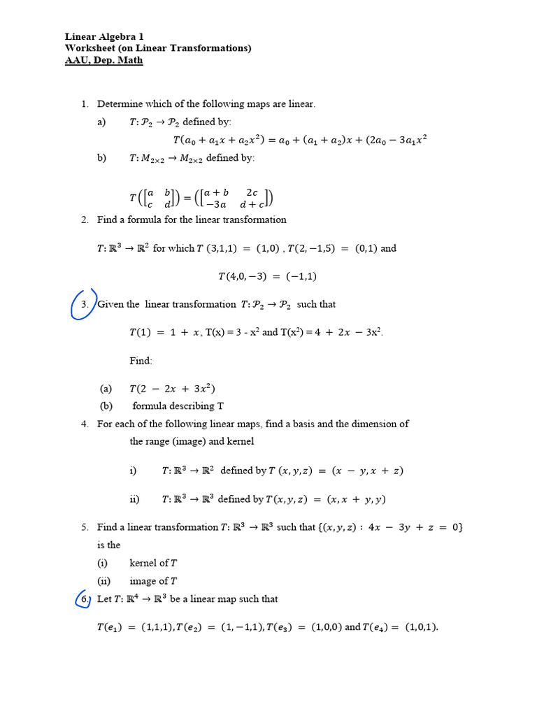 Linear Transformations Worksheet | PDF | Linear Map | Basis (Linear ...