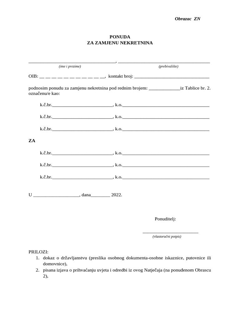 Obrazac ZN Ponuda Za Zamjenu | PDF