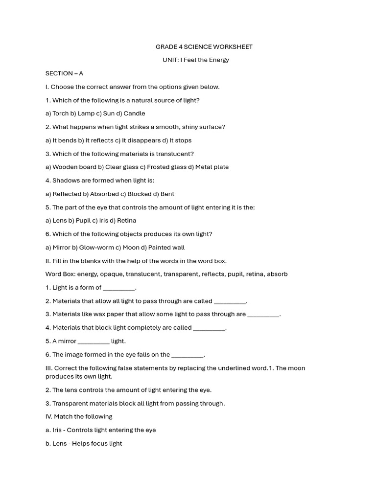 Grade 4 Science Worksheet(i Feel the Energy!) 2 | PDF | Light | Eye