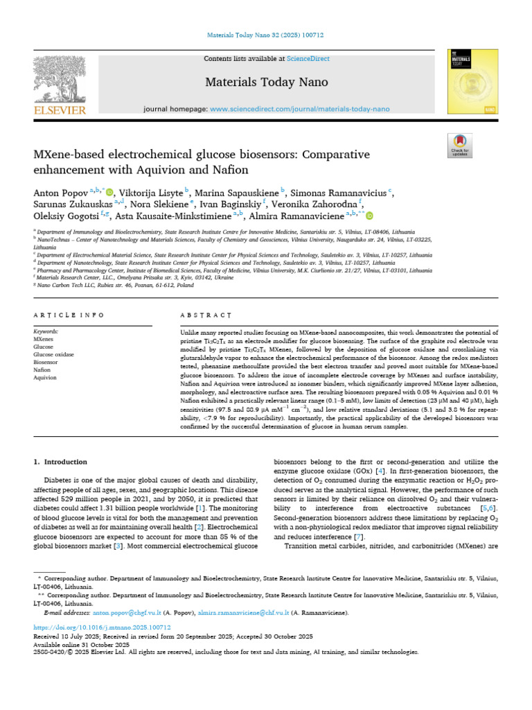 MXene Based Electrochemical Glucose Biosensors Comparativ 2025 ...