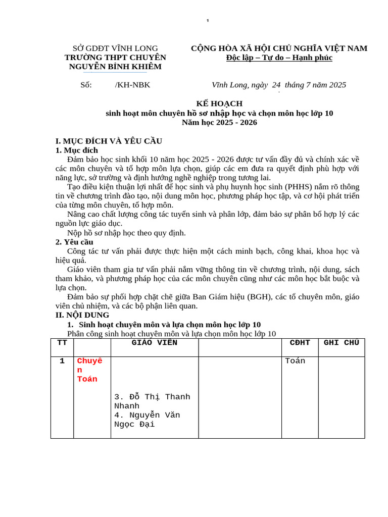 Kế Hoạch Sinh Hoat Môn Chuyên Và Chon to Hop Mon 2025 Lan 1 | PDF