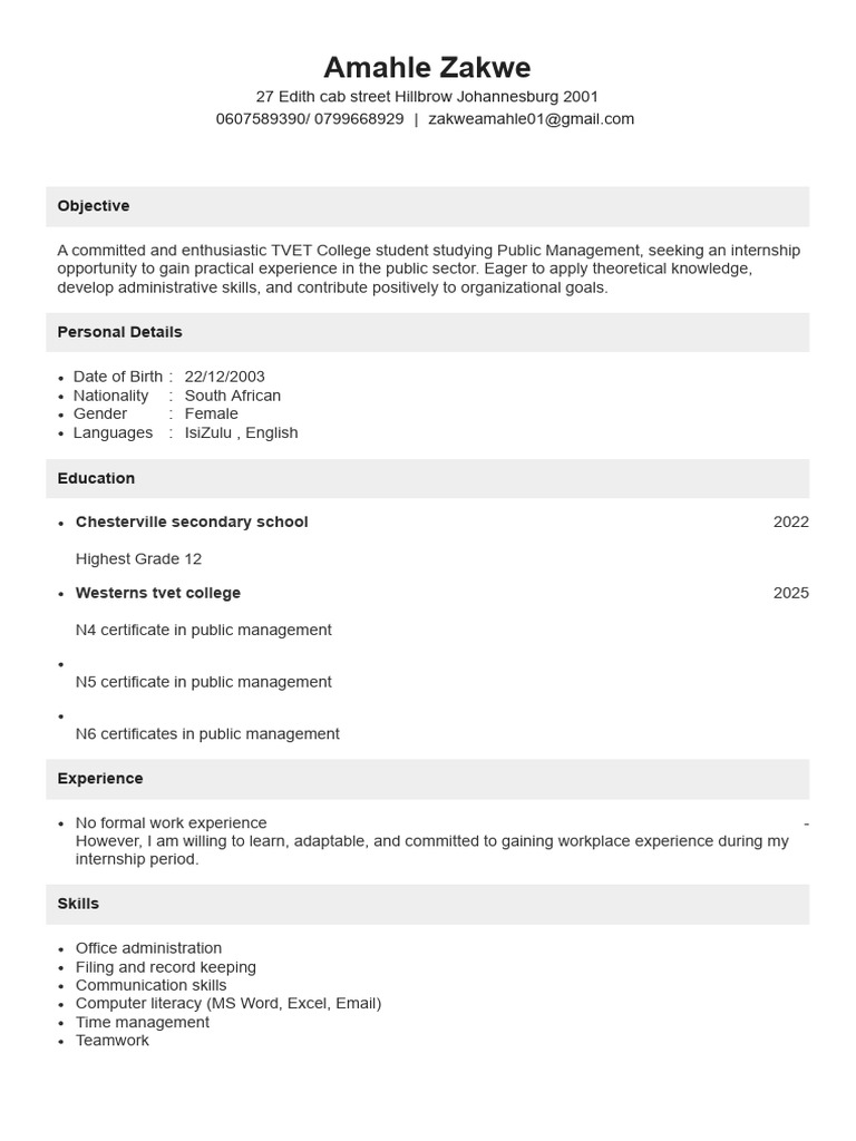 Internship CV for Public Management Student | PDF