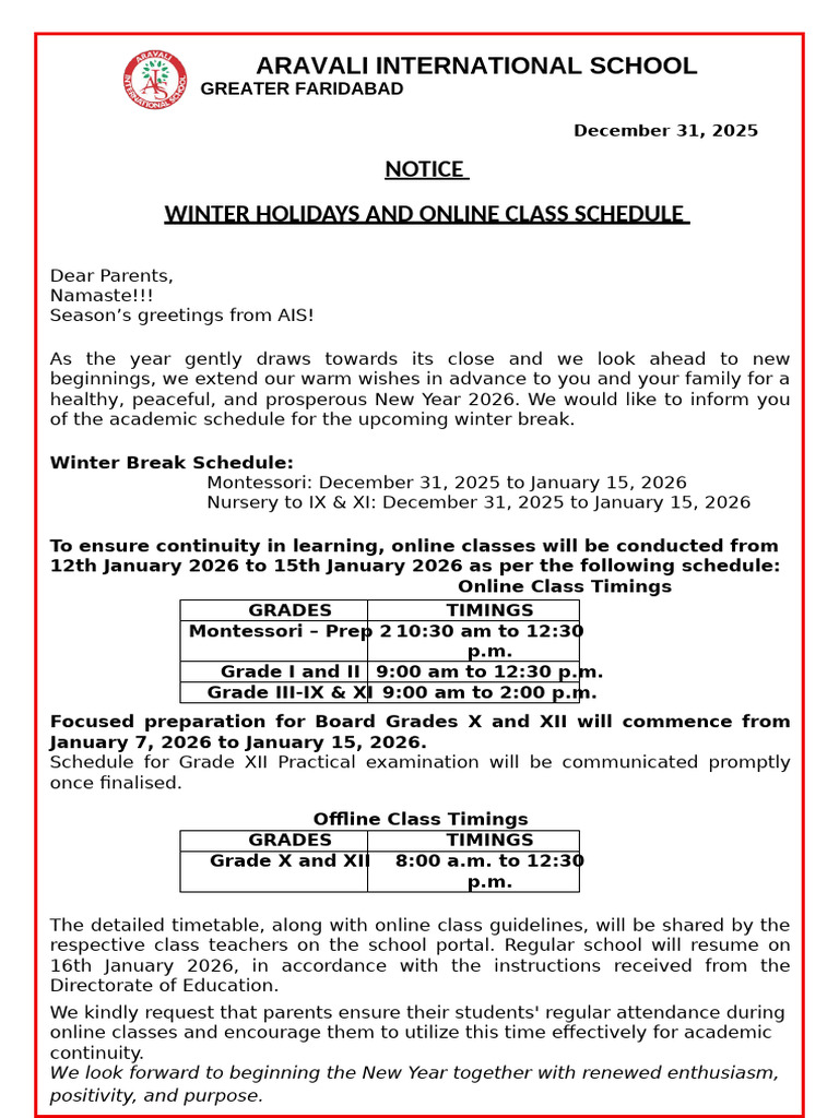 Winter Holidays and Online Class Schedule Notice | PDF