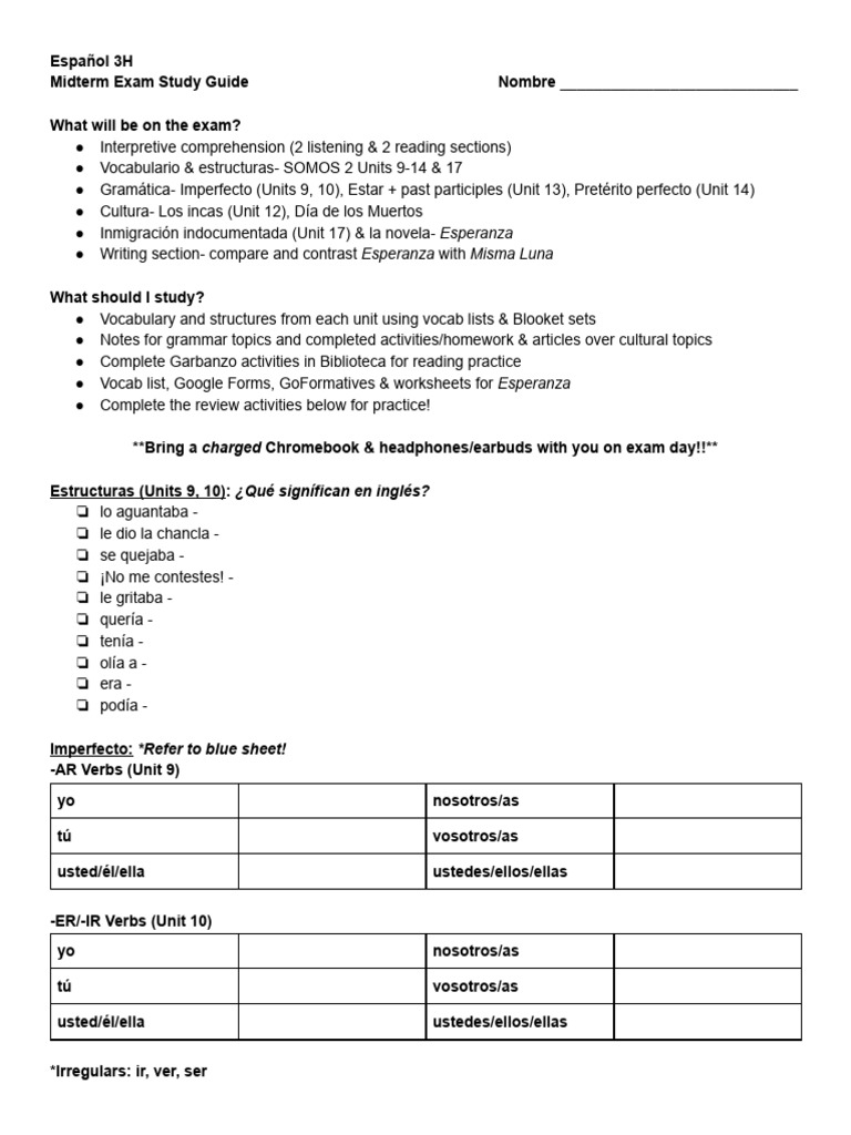 Español 3H Midterm Exam Study Guide | PDF | Linguistics | Semantic Units