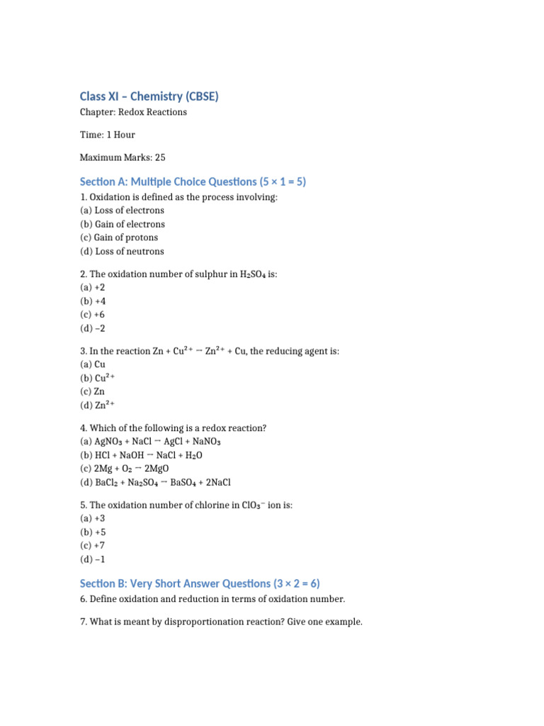 Redox Reactions in Class XI Chemistry | PDF