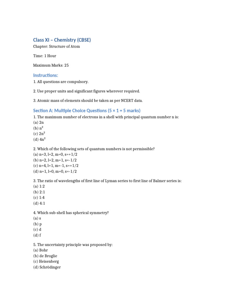 Class 11 Chemistry Structure of Atom Test | PDF