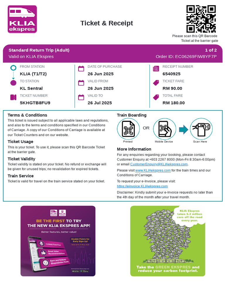 KLIA Ekspres E-Ticket(s) | PDF | Public Transport