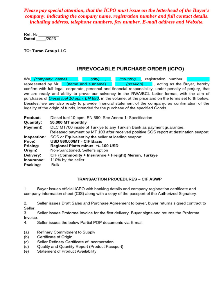 ICPO-Engl - Draft - EN 590 10 ppm-2 | PDF | Letter Of Credit