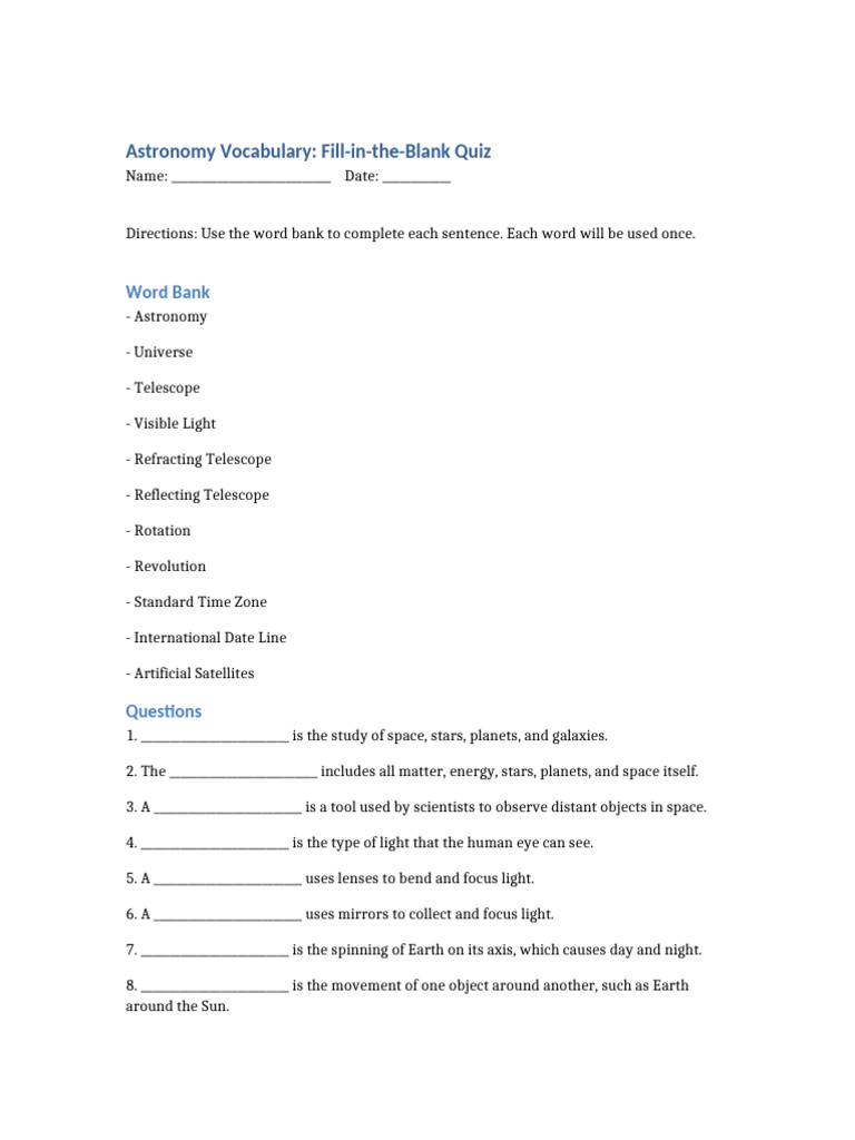 Astronomy Vocabulary Fill in the Blank Quiz | PDF