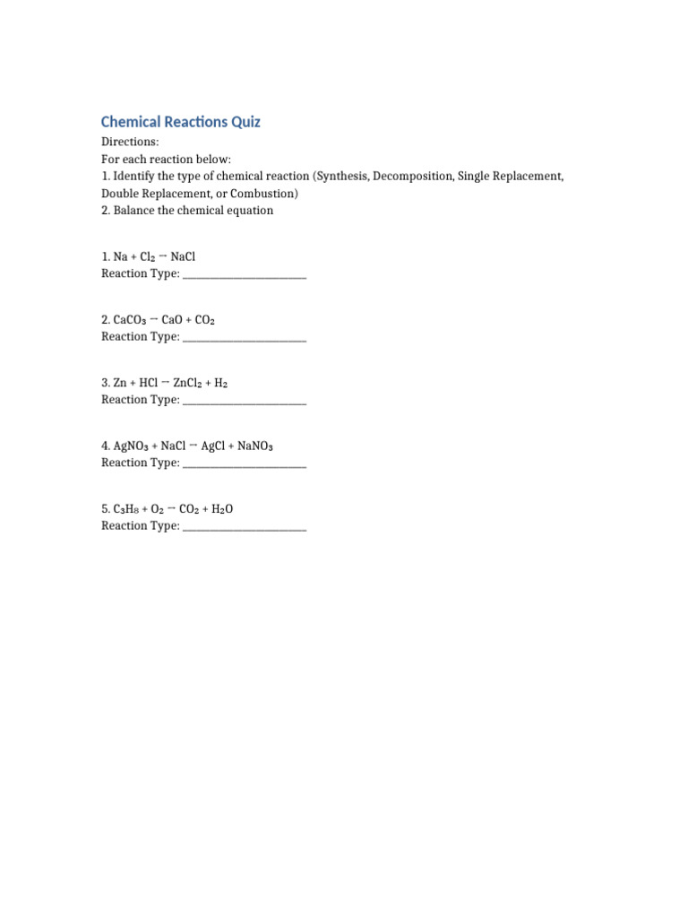 Chemical Reactions Identification Quiz | PDF