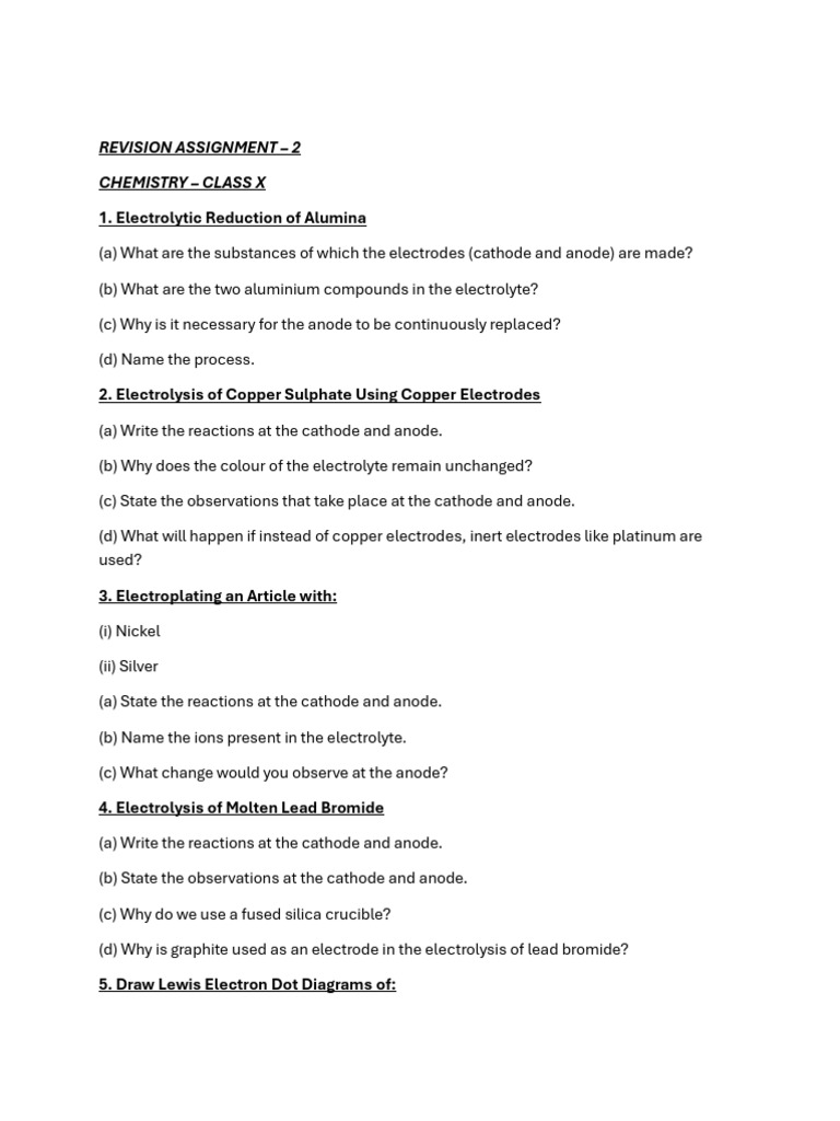 Chemistry Class 10 Assignment 2 | PDF | Anode | Acid