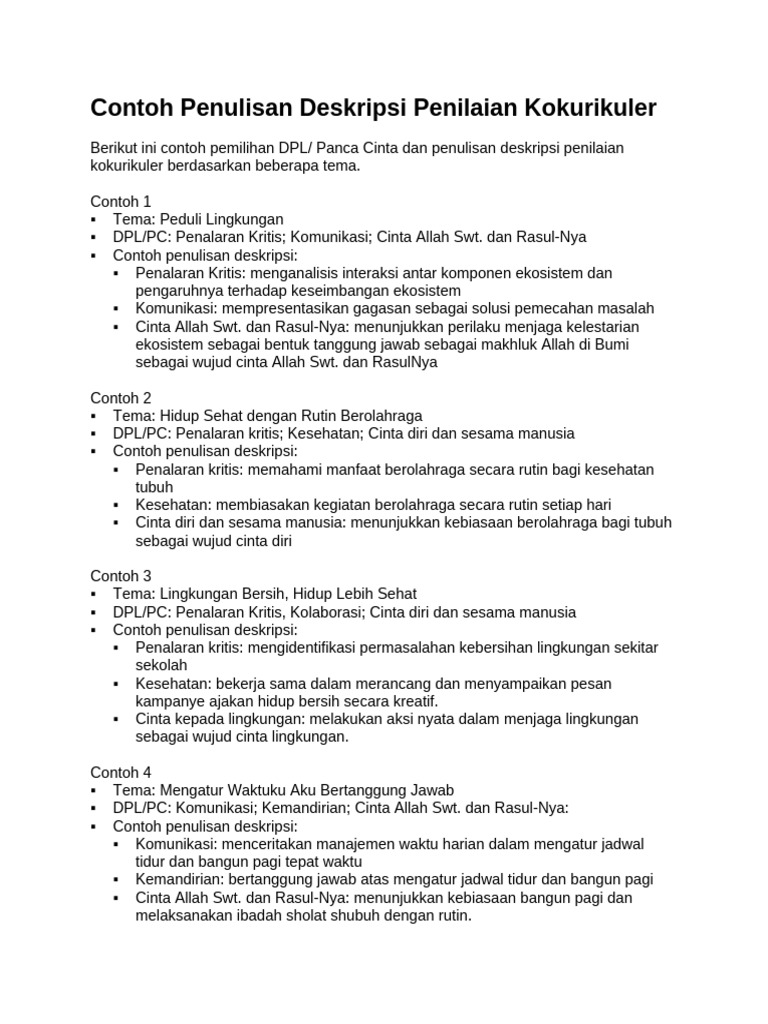 Contoh Penulisan Deskripsi Penilaian Kokurikuler | PDF