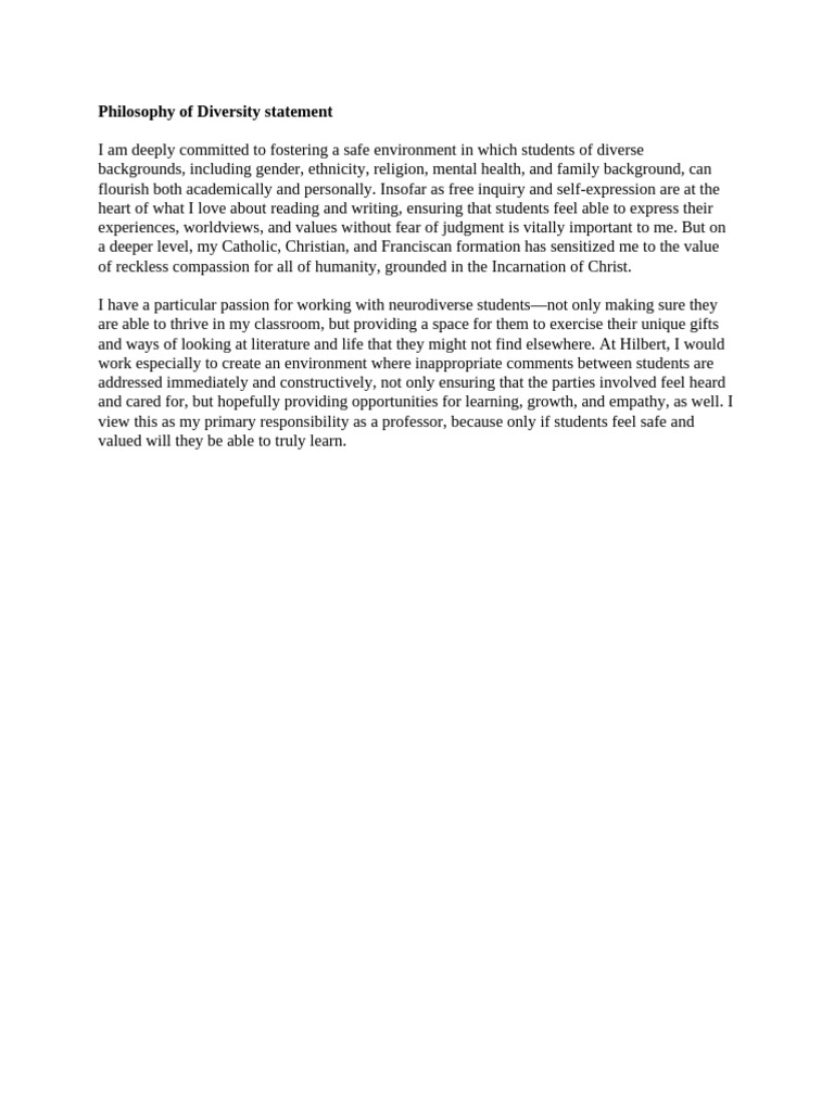 Philosophy of Diversity Statement | PDF
