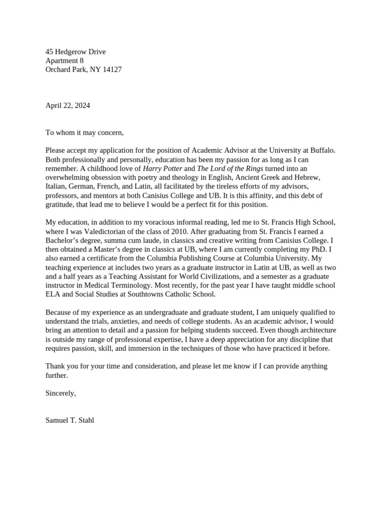 UB Academic Advisor Cover Letter | PDF