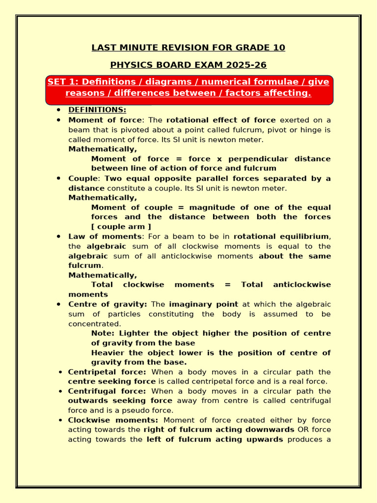 Grade 10 Physics Exam Revision Guide | PDF | Force | Optics
