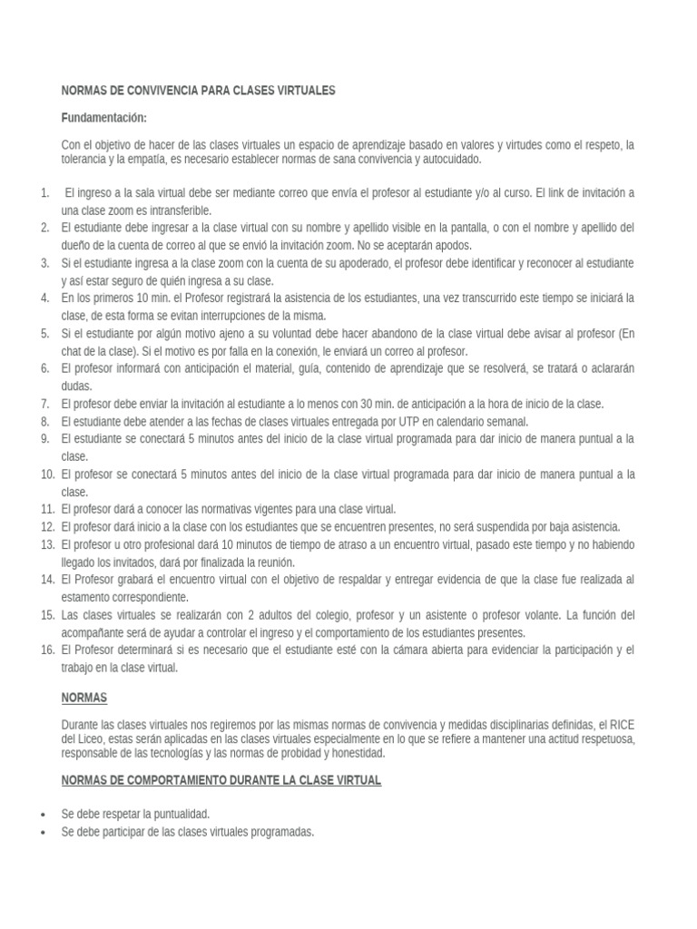 Normas de Convivencia en Clases Virtuales | PDF | Maestros | Chat en linea