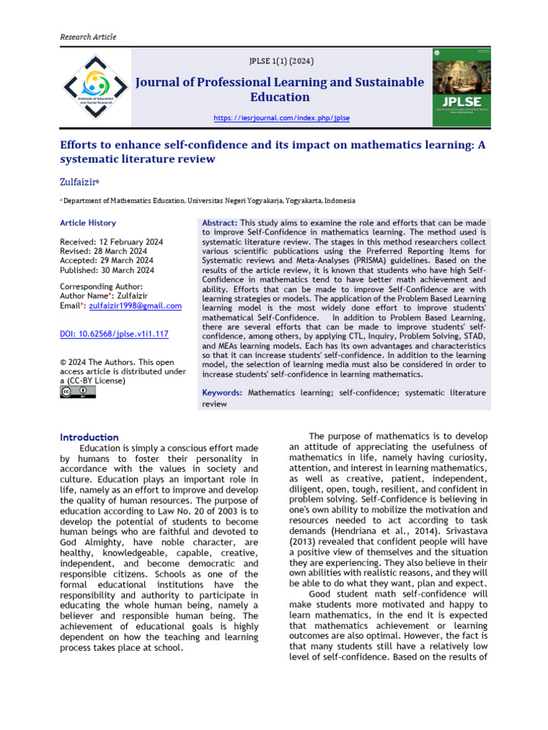 Efforts to enhance self-confidence and its impact on mathematics ...