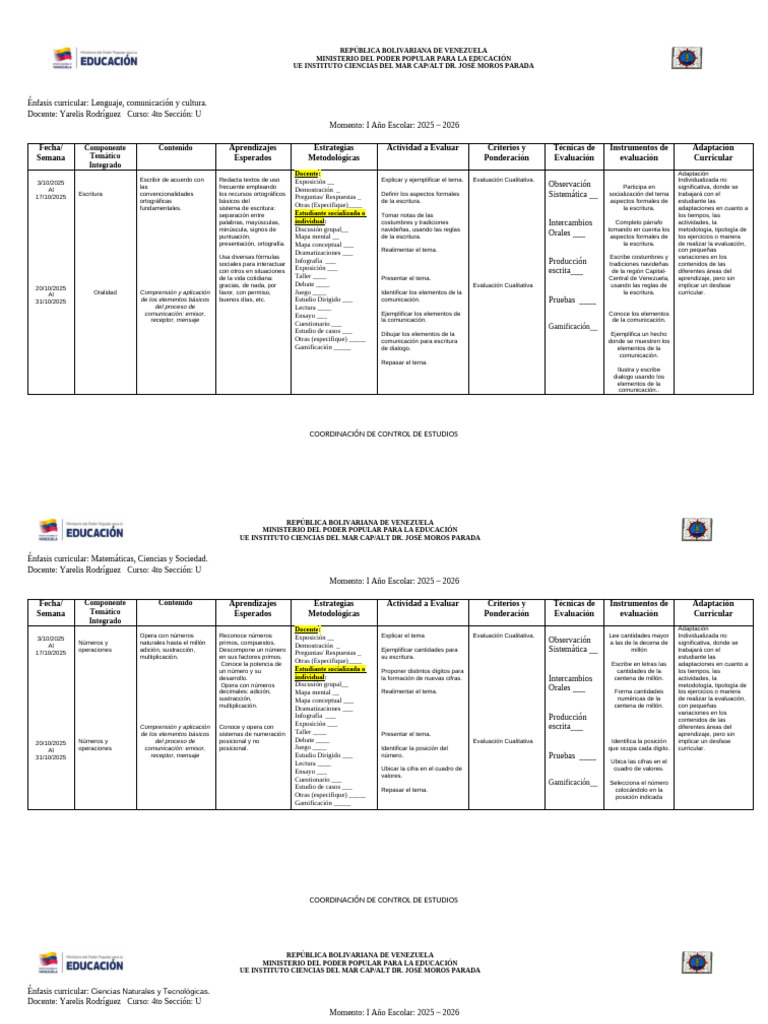 Planificacion Del Proyecto de Aula 4to U | PDF | Evaluación | Comunicación