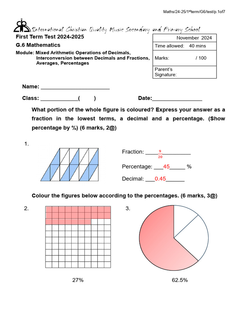 24-25 1st G6 Test Answer_GC | PDF | Percentage | Decimal