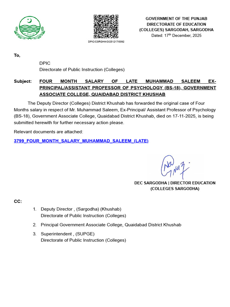 Four Months Salary Claim for Late Professor | PDF