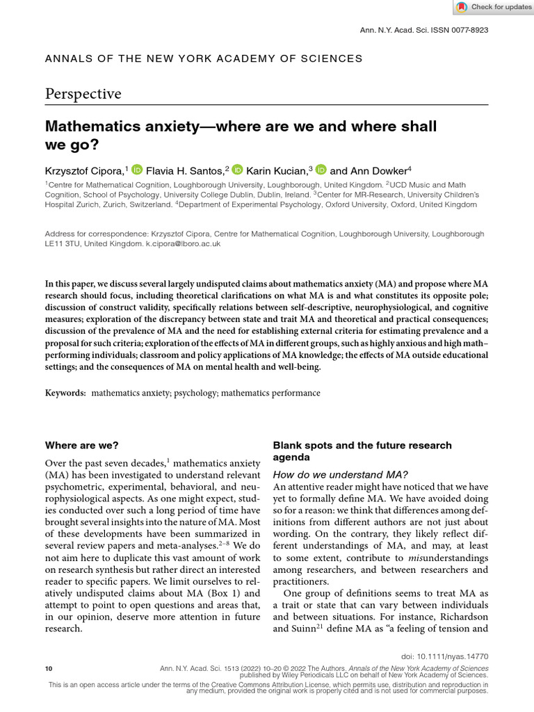 Cipora - Mathematics Anxiety Where Are We and Where Shall We Go 2022 ...