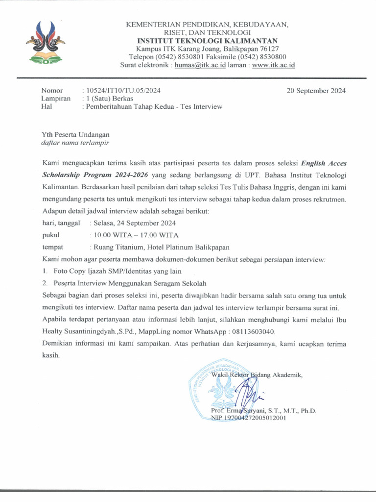 Surat Undangan Tes Interview Pada Tanggal 24 September 2024 | PDF