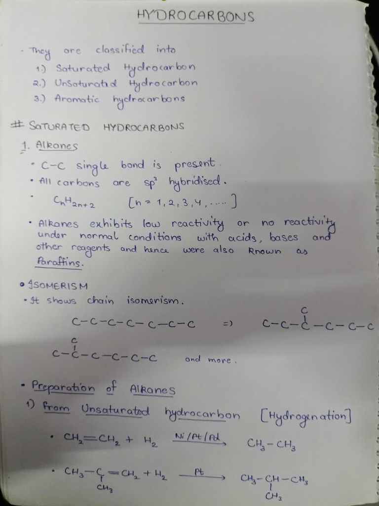 Hydrocarbon Alkanes Hand Written Notes | PDF | Alkane | Alkene