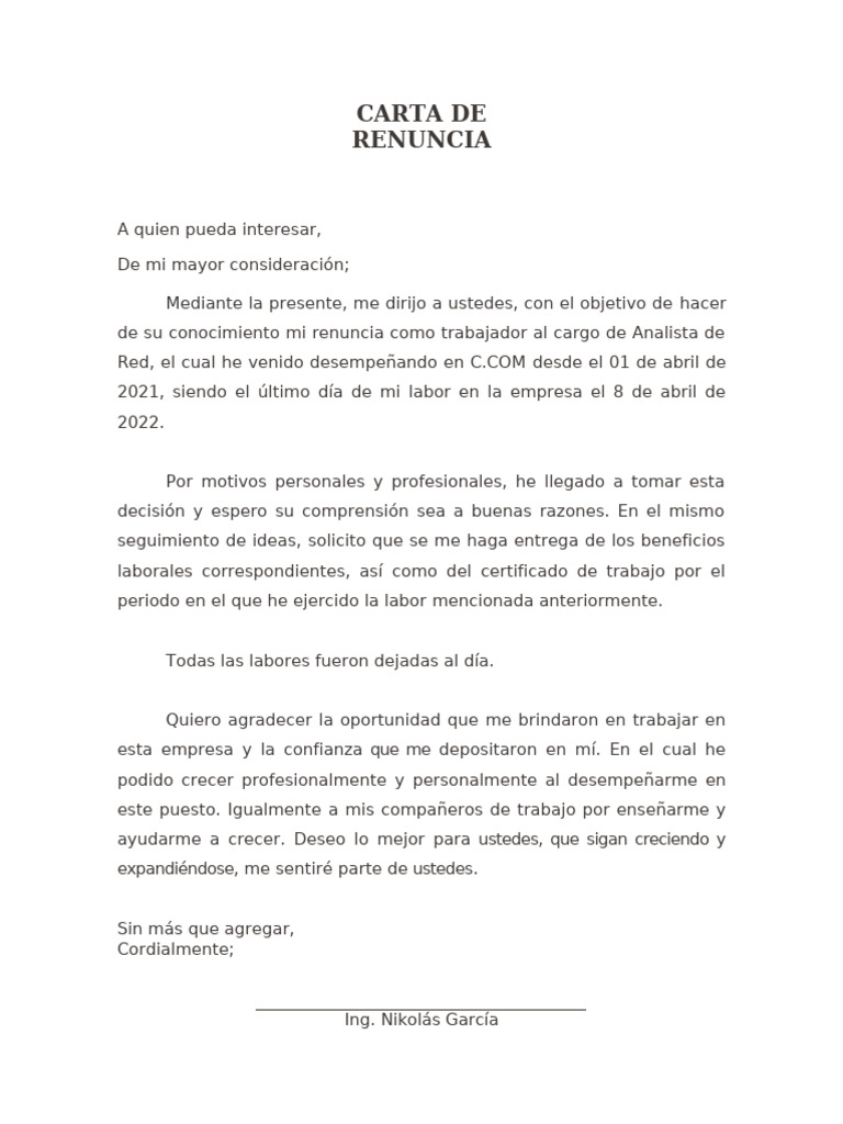 Carta de Renuncia de Analista de Red | PDF