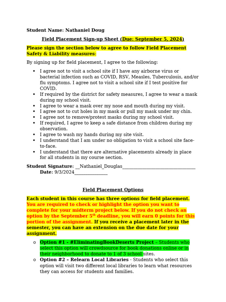 Field Placement Safety Agreement Form | PDF