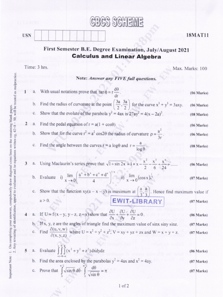 18MAT11 July.aug 2021 Caculus and Linear Algebra | PDF